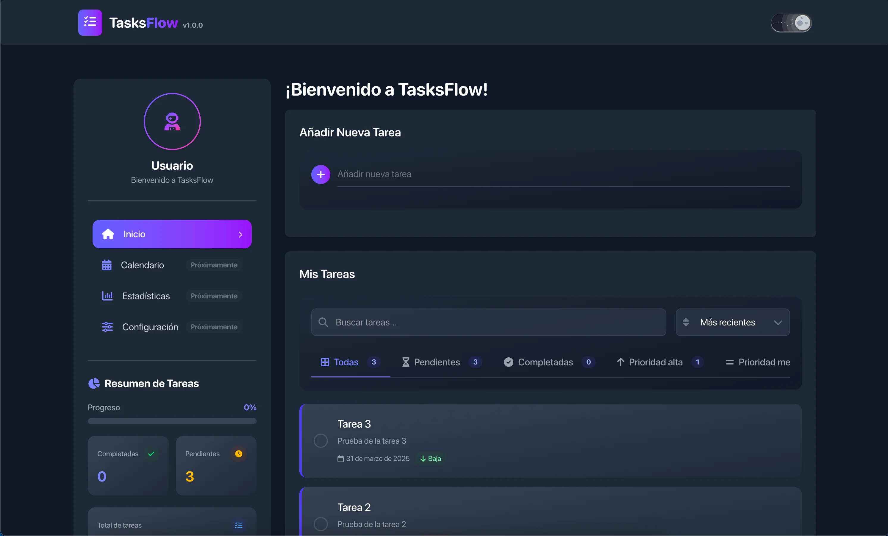 Sistema de gestion de tareas que permite crear, editar y eliminar tareas, ademas de asignarles una fecha de vencimiento y una prioridad.